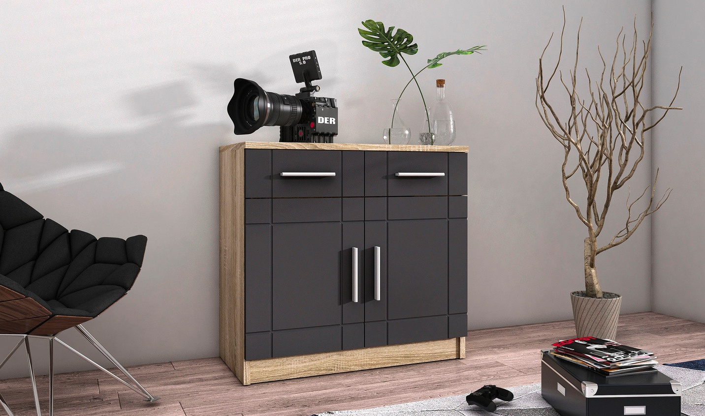 Kommode, 2-türig - Moderne Kommode mit matten Tiefzieh-Fronten - GRAU-EICHE